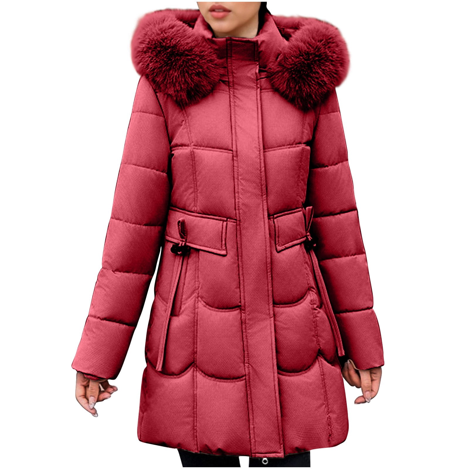 Brnmxoke Women's Puffer Coat Long Winter Thick Faux-Fur-Trim Hooded ...