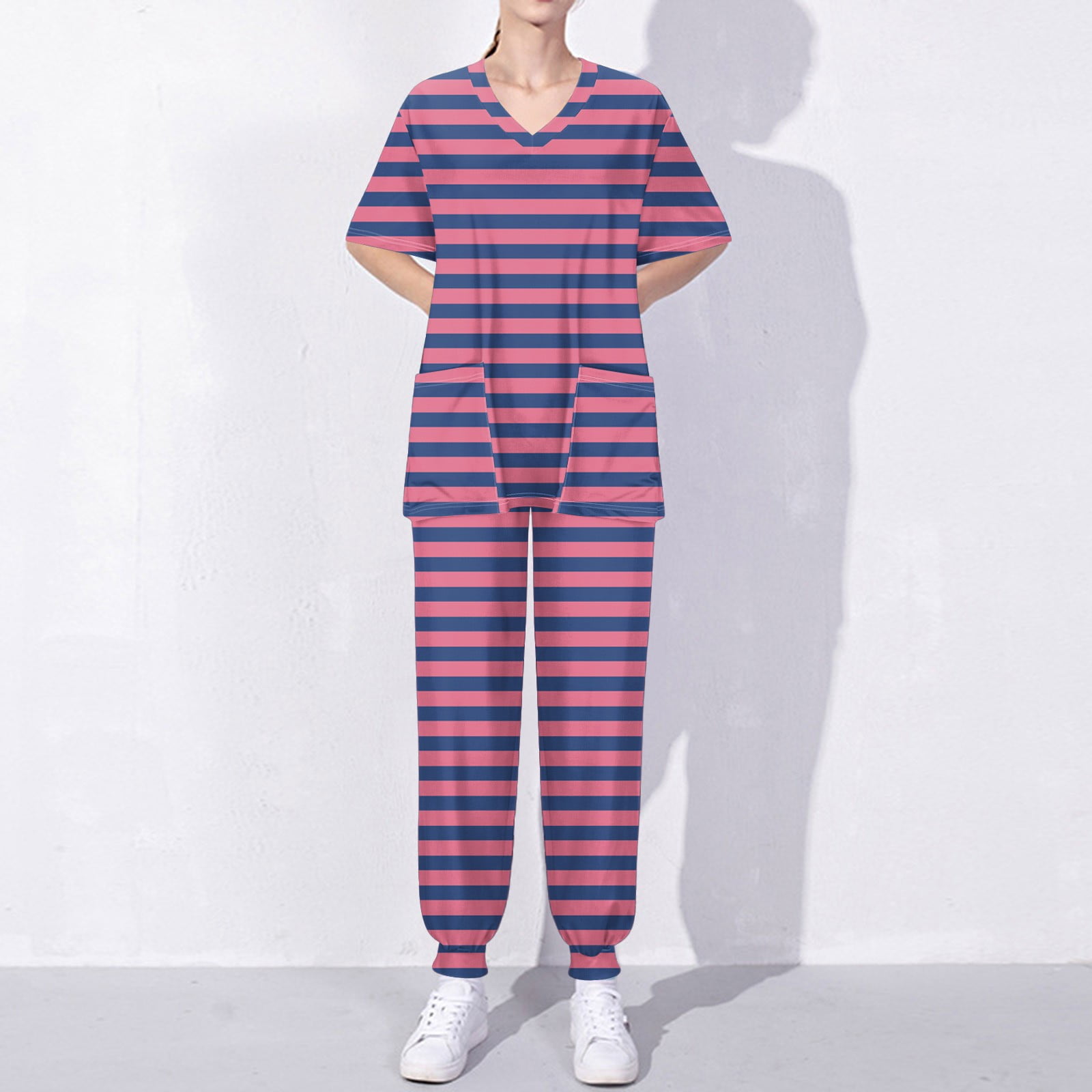 Brnmxoke Women's Scrubs Set Striped Printed V-Neck Top & Jogger Scrub ...