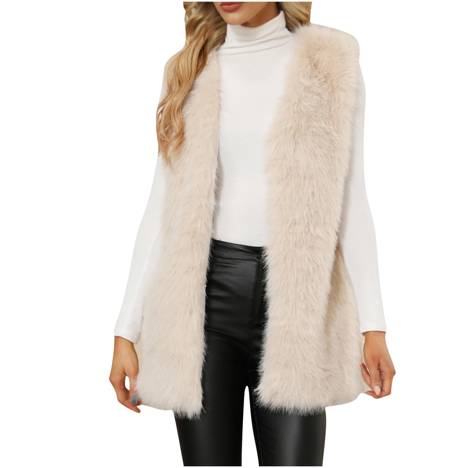 Brnmxoke Womens Faux Fur Vests Trendy Open Front Fluffy Sleeveless Vest ...