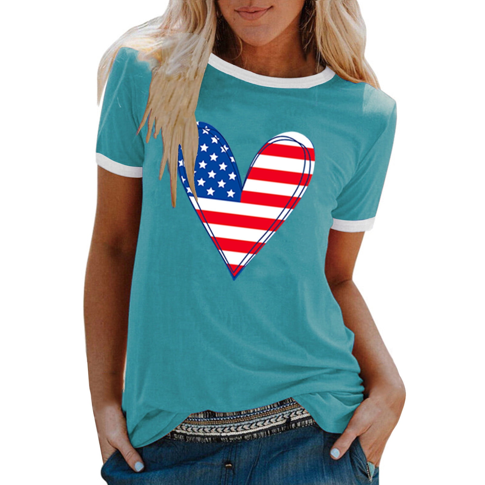 Brnmxoke Womens Fourth Of July Shirt Women American Flag Heart Shirts