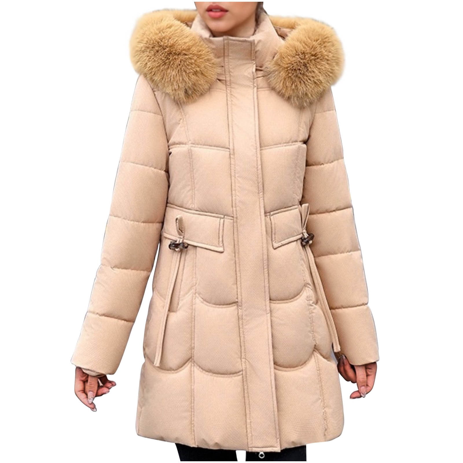Brnmxoke Womens Long Puffer Coat with Hood Winter Thick Faux-Fur-Trim ...