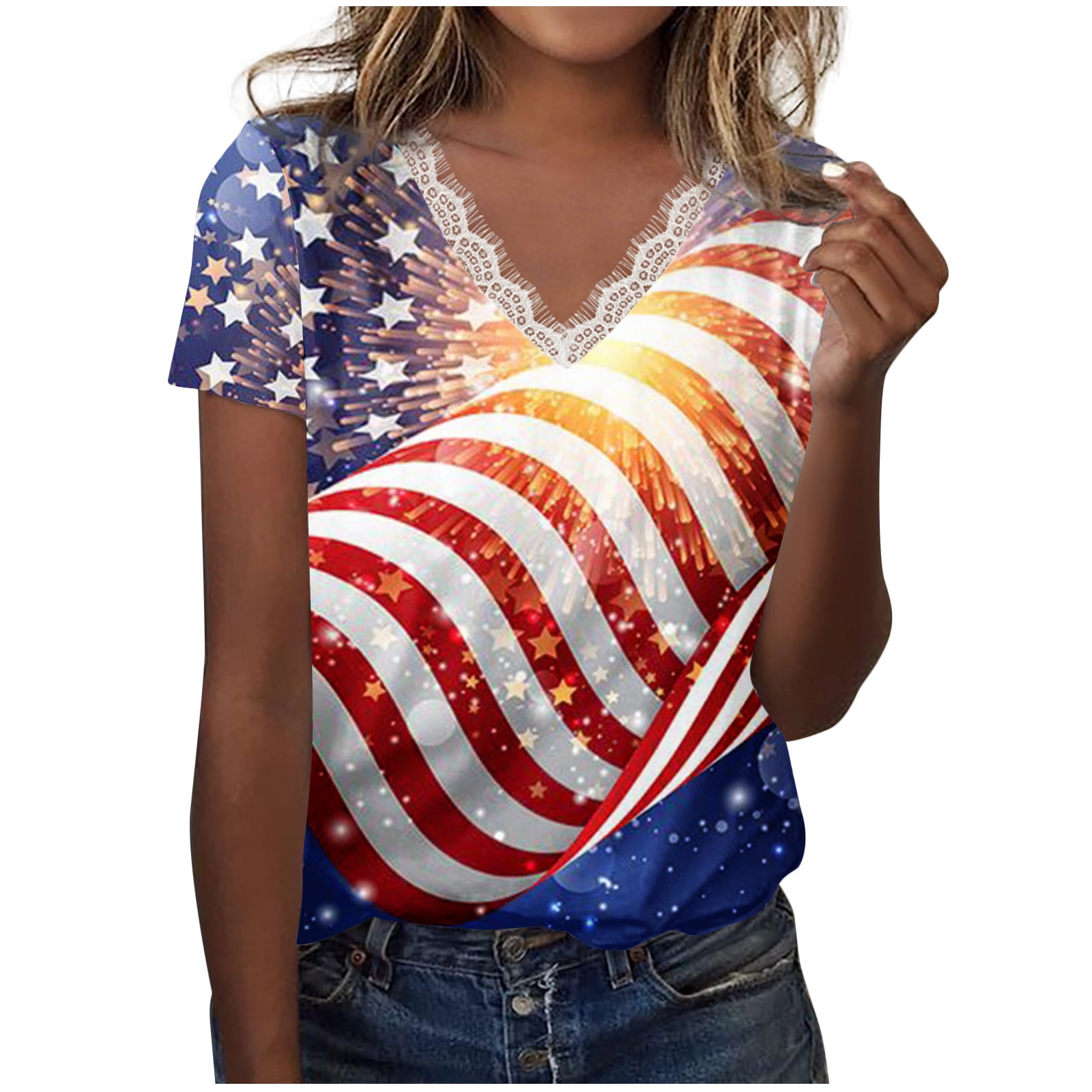 Brnmxoke Womens Plus Size American Flag T Shirts Lace Patchwork V Neck