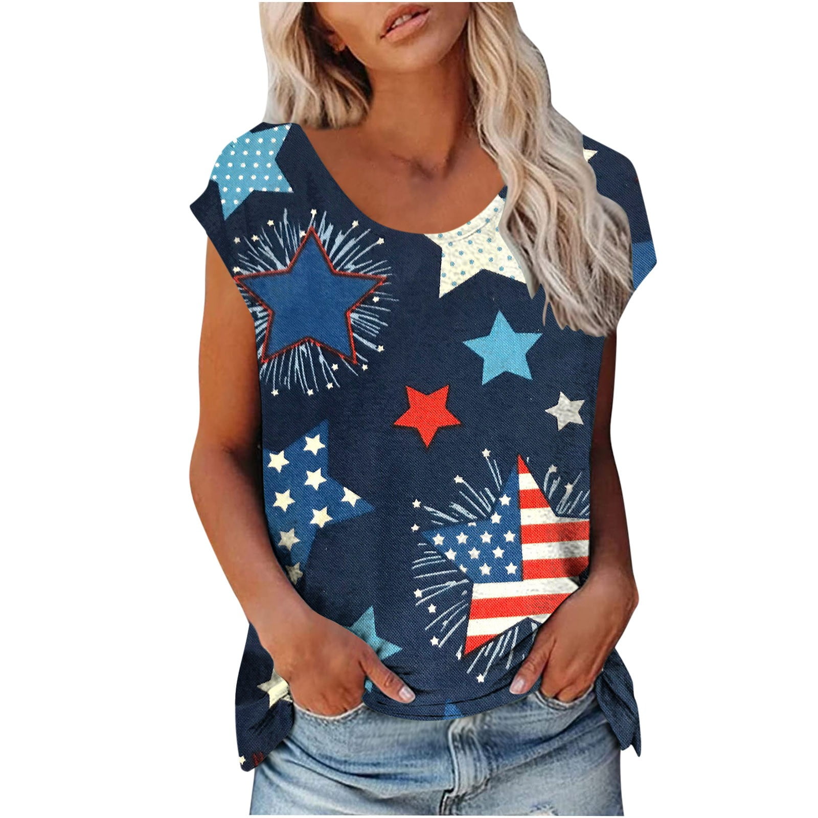 Brnmxoke Womens Star Print Colorblock Shirt Short Sleeve Women 4th Of