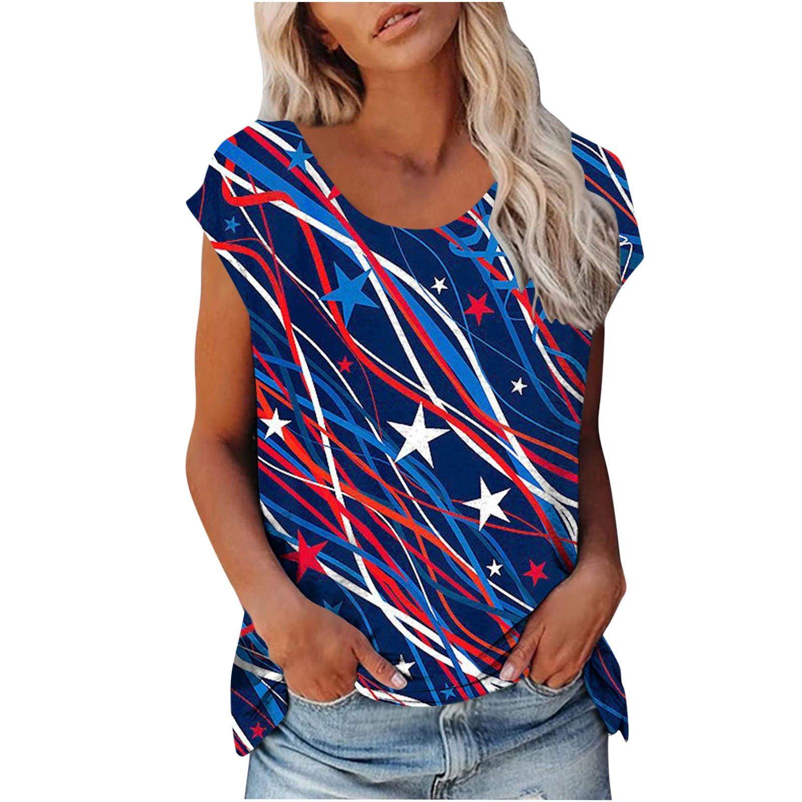 Brnmxoke Womens Star Print Colorblock Shirt Short Sleeve Women 4th Of