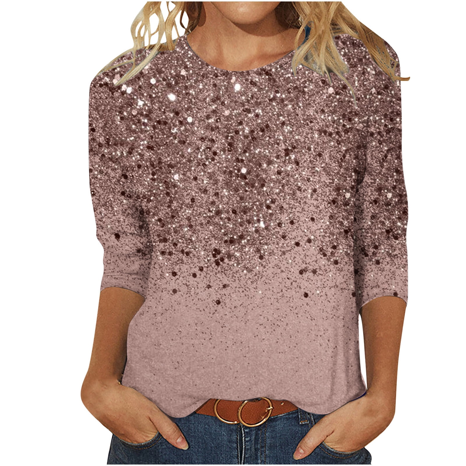 Brnmxoke Womens Tops Bling Print 3/4 Sleeve T Shirts for Women Crew ...
