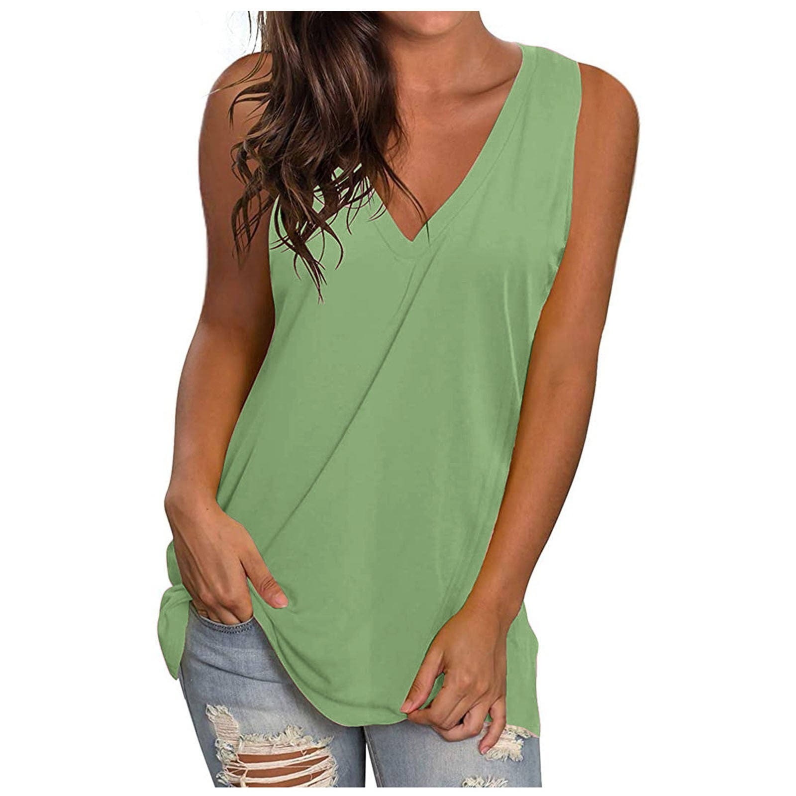 Brnmxoke Womens V Neck Tank Tops Summer Basic Tanks Loose Sleeveless T ...
