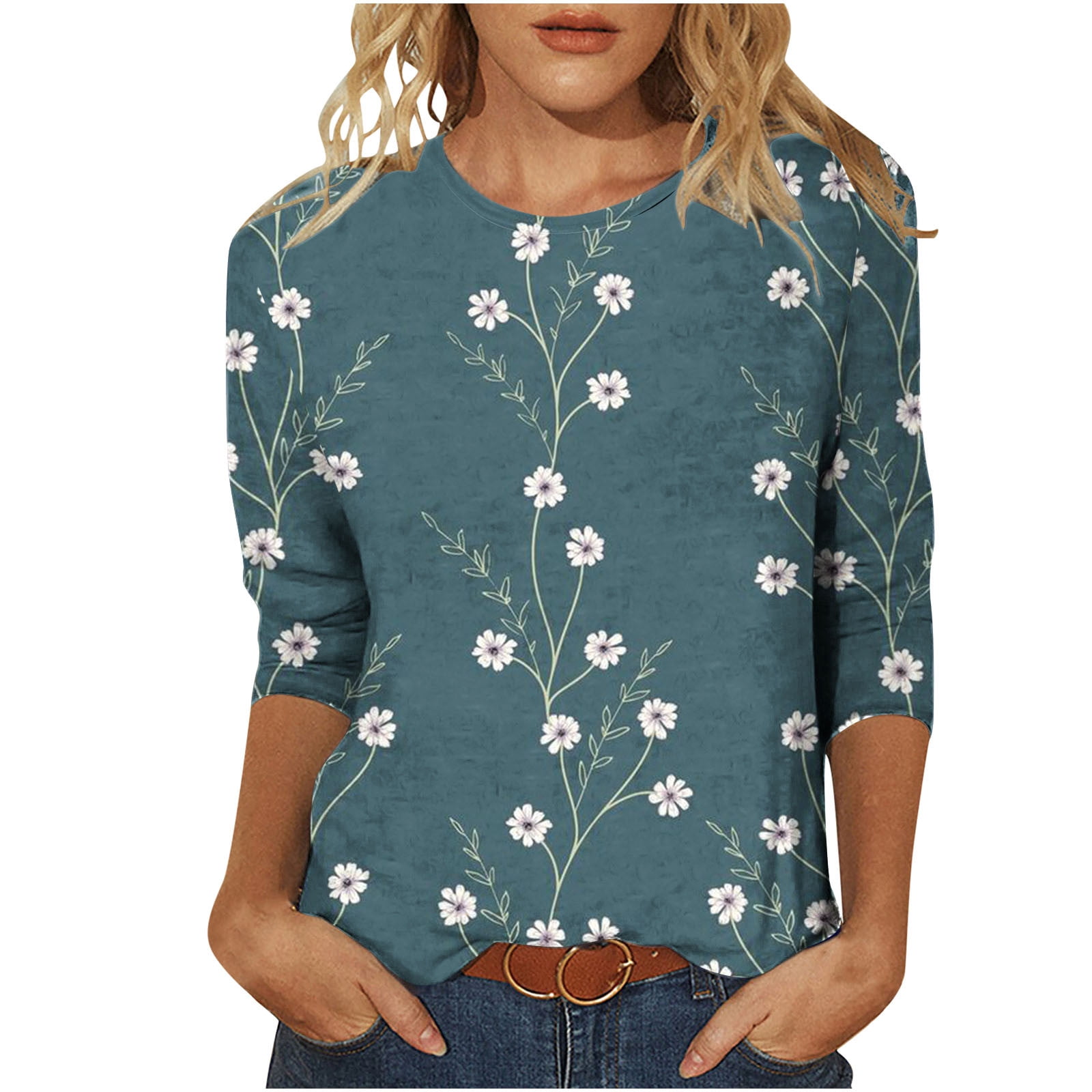 Brnmxoke Womens Vintage Leaves Print Summer Blouses Elbow Length Casual ...