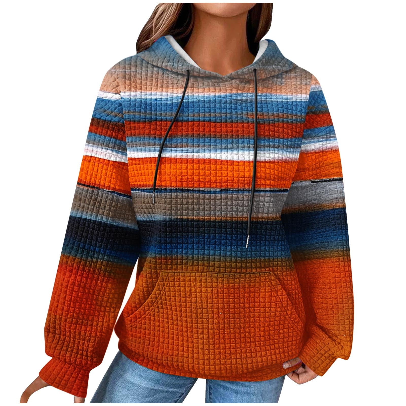 Brnmxoke Womens Waffle Hoodies Drawstring Pullover Sweatshirts Long ...