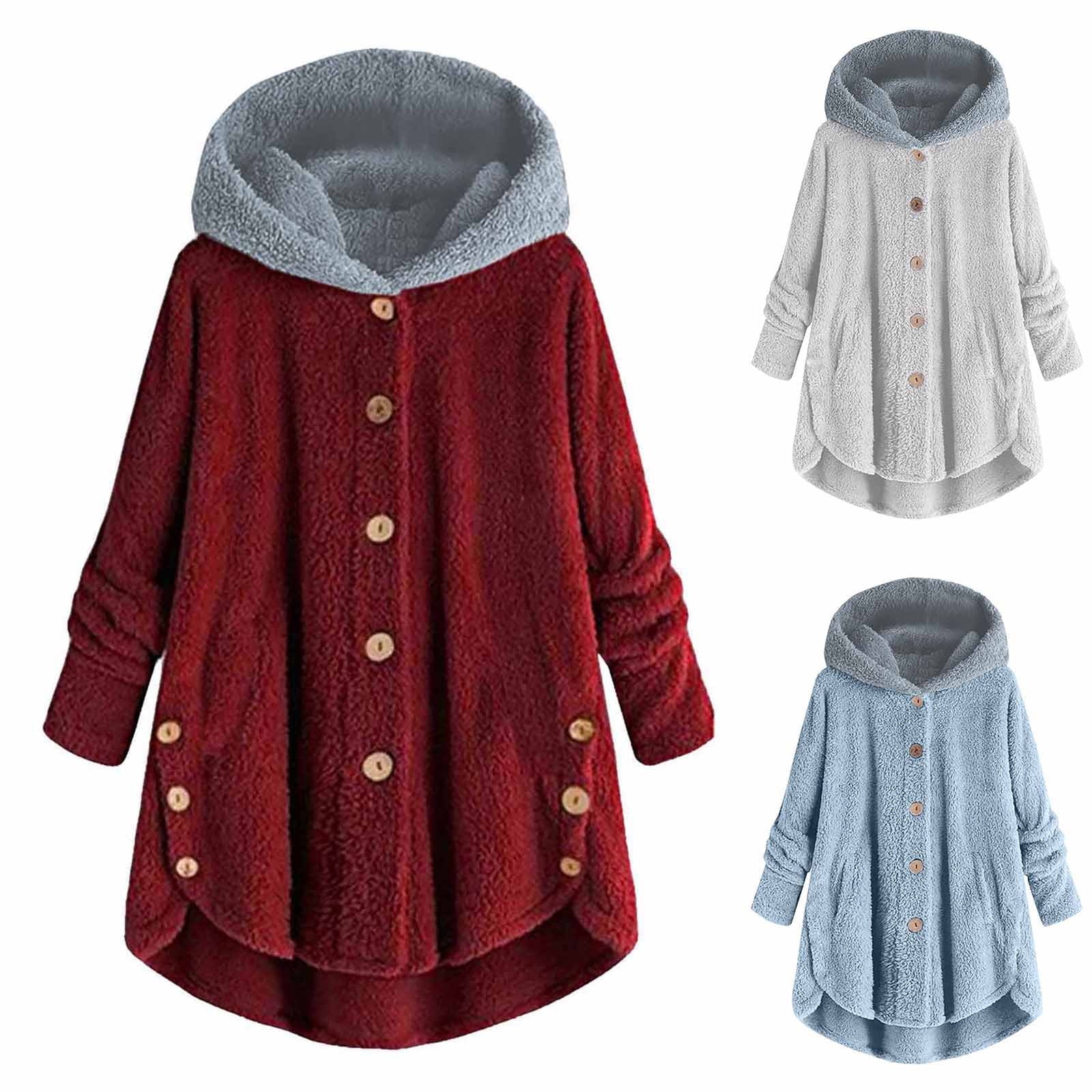 Brnmxoke Womens Winter Sherpa Fleece Jackets Button Hooded Cardigan ...