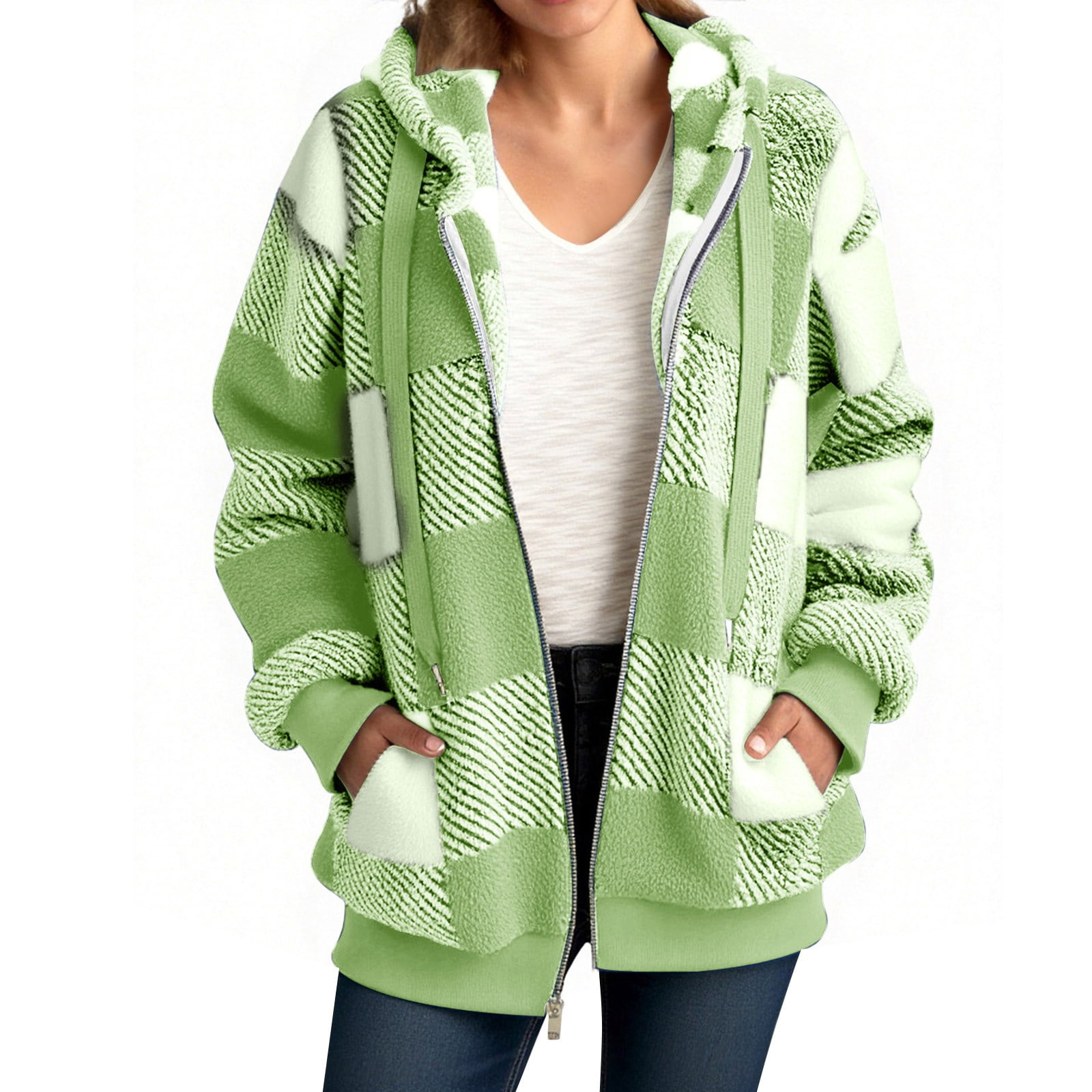 Brnmxoke Zip Up Flannel Shirt Women Hooded Fleece Plaid Jackets Long ...