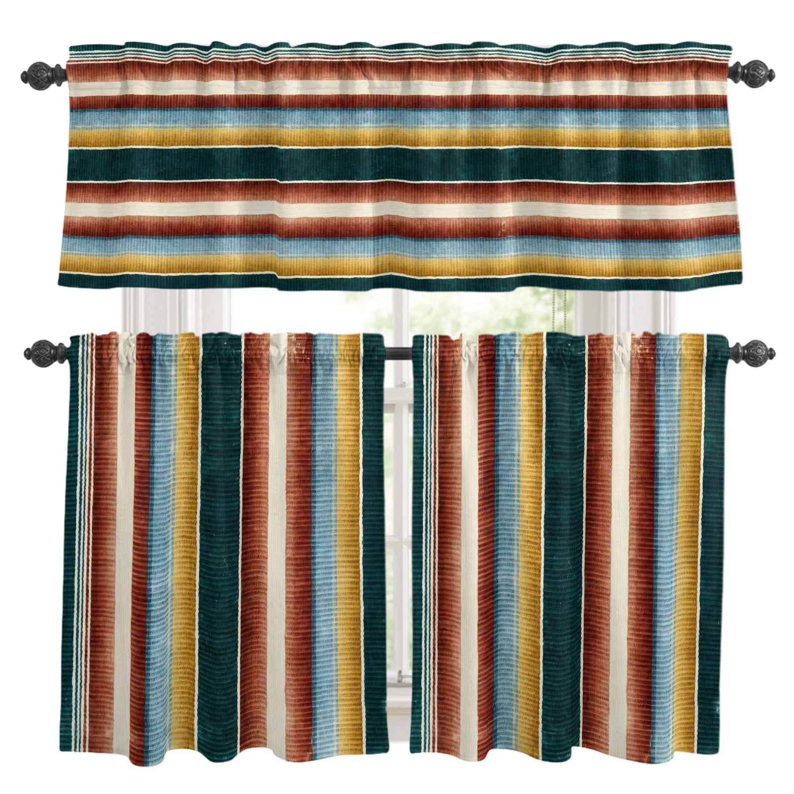 Broad Stripes Kitchen Curtains and Valances Set, Modern Nautical Green ...