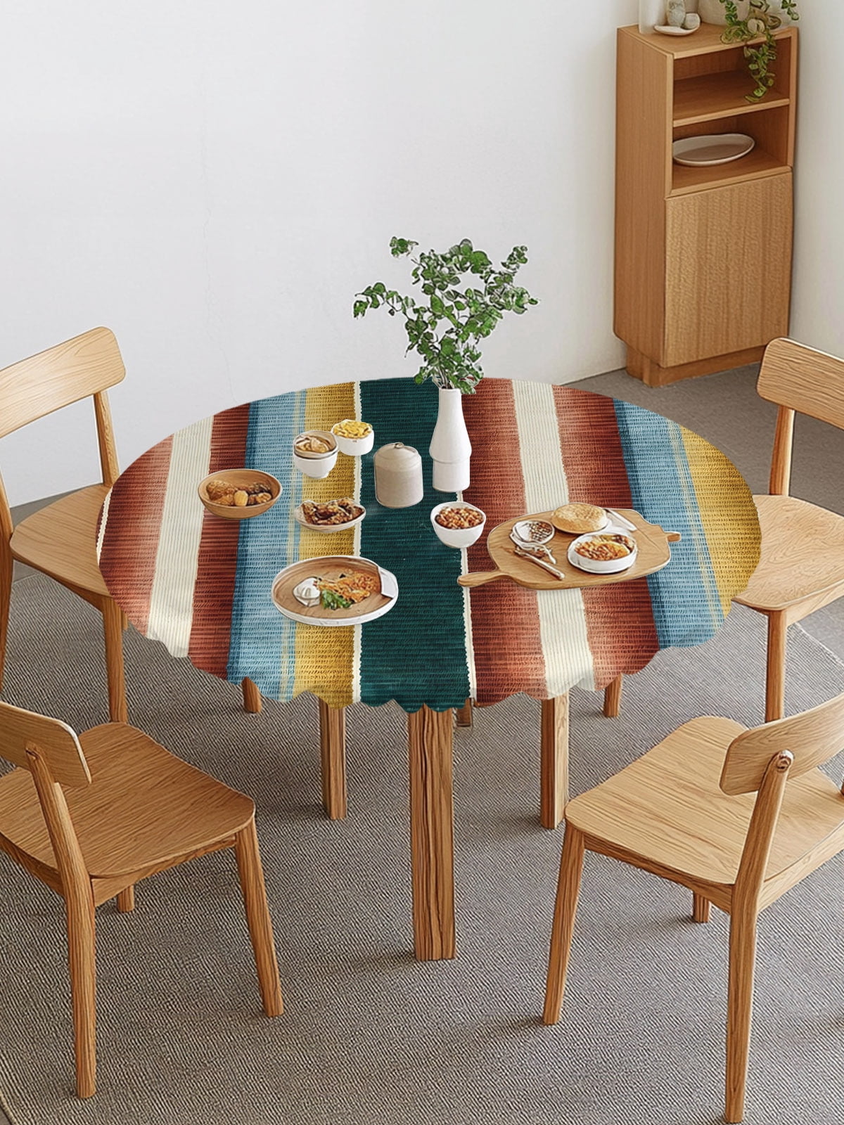 Broad Stripes Round Fitted Tablecloth with Elastic Edge, Modern ...