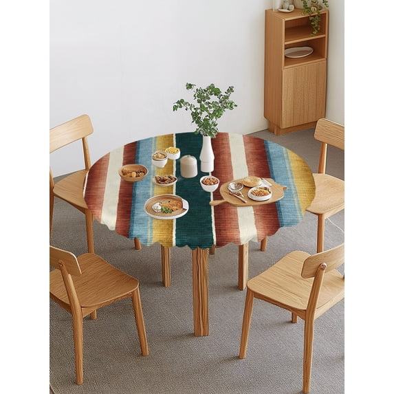 Broad Stripes Round Fitted Tablecloth with Elastic Edge, Modern ...