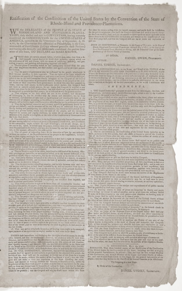 Broadside Reporting Rhode Island Ratification Of The Constitution ...