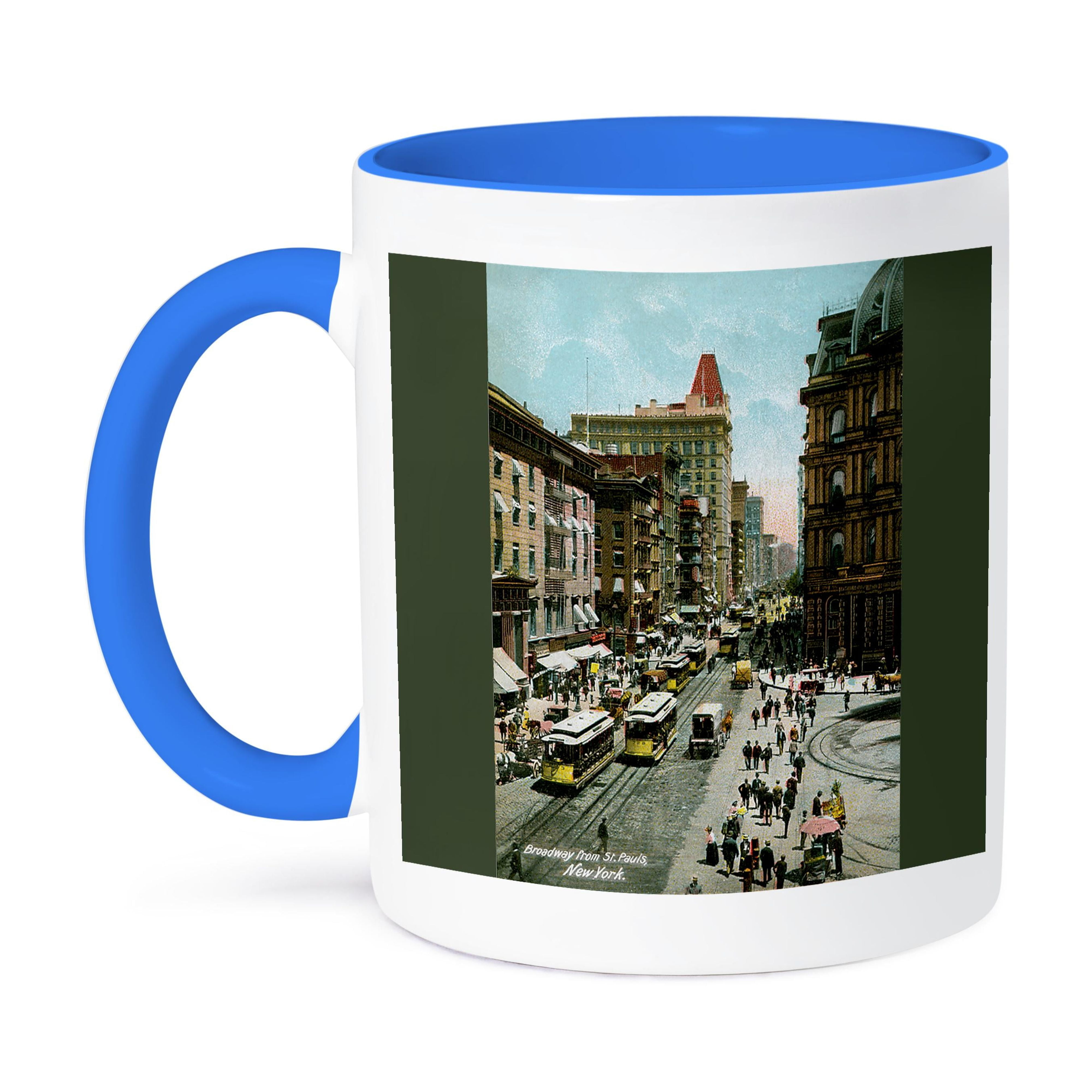 3dRose, Broadway From St. Pauls New York City Street Scene with Trolley Cars, 15oz Two-Tone Blue ...