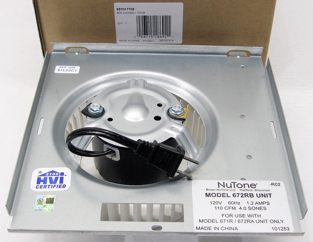 Broan-Nutone S97017709 Service 672R 672RB Motor Blower Wheel Assembly ...