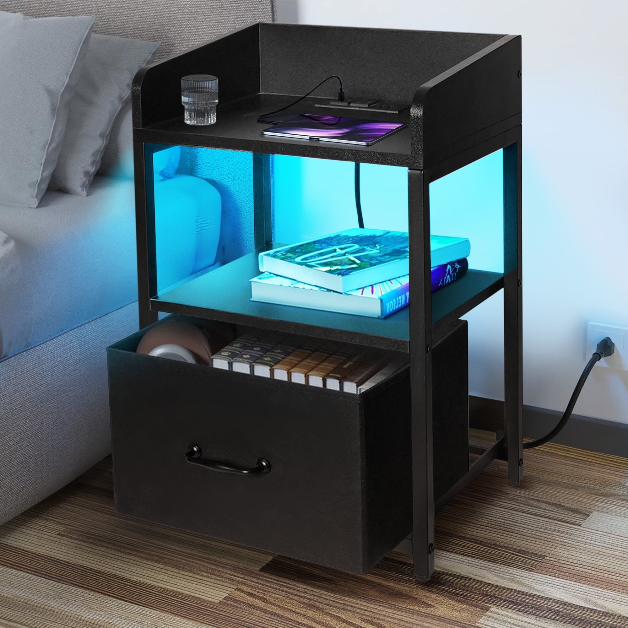 Brochao Nightstand, LED Light Bedside Table with USB Ports, Outlets ...