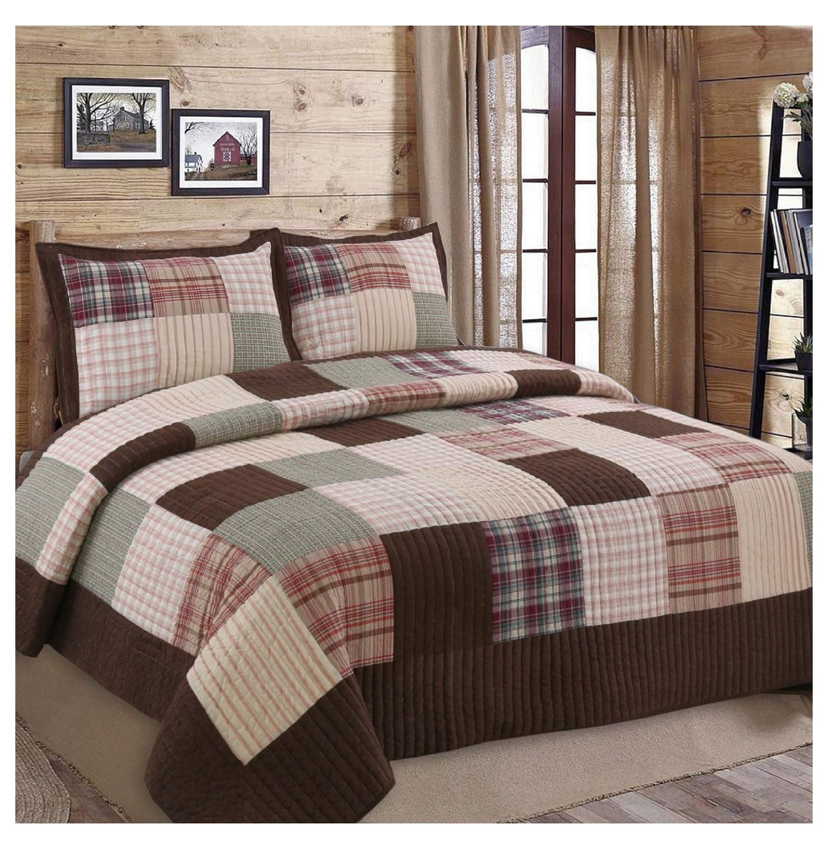 Brody Farmhouse Chocolate Plaid Striped Real Patchwork Reversible Quilt ...