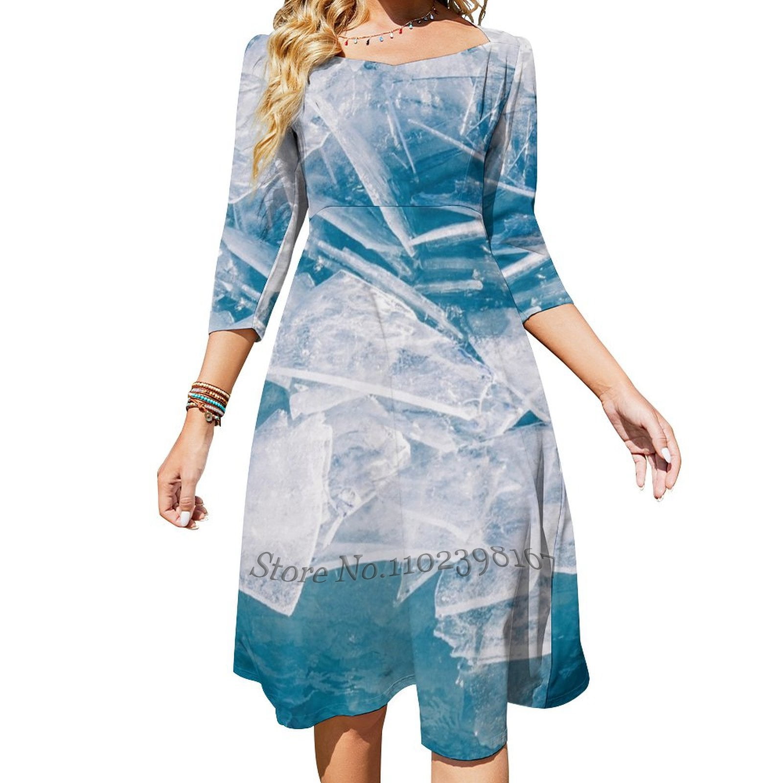 Broken Square Neck Dress Cute Loose Print Dresses Elegant Beach Party Dress Lake Huron Winter ...