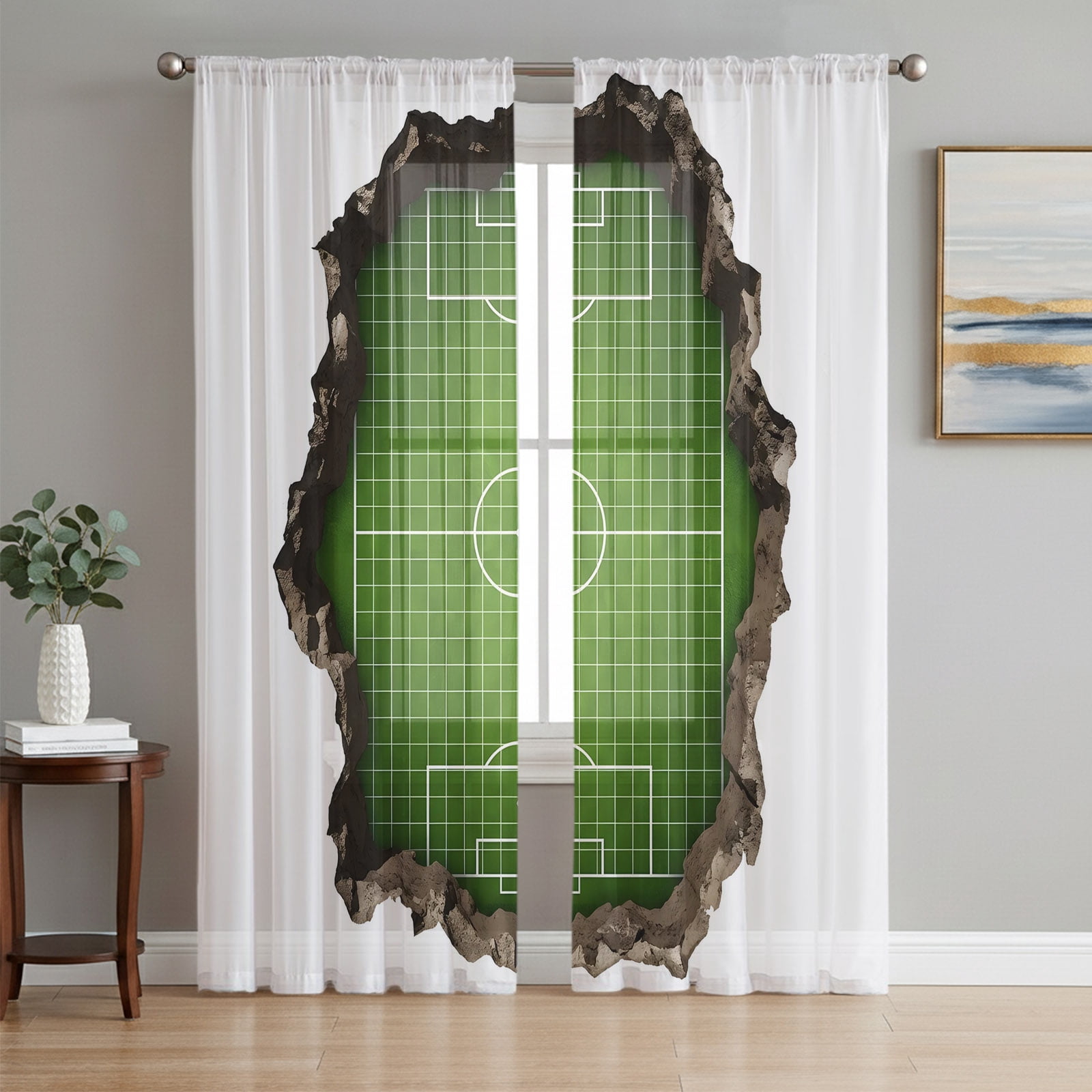 Broken Wall Green Football Sheer Curtains 84 Inch Length 2 Panels Set ...