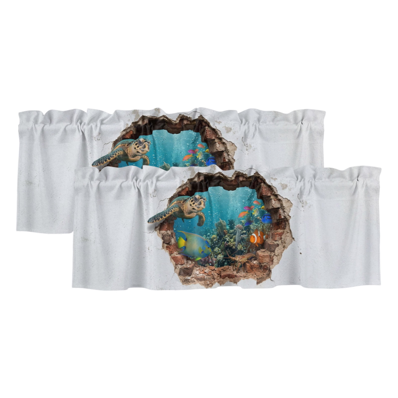 Broken Wall Sea Turtle 2 Panels Kitchen Valance, Vintage Nautical ...