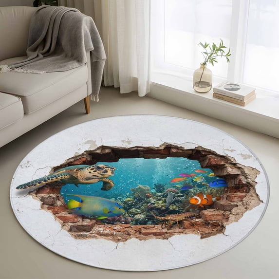 Broken Wall Sea Turtle 3FT Round Area Rugs Vintage Nautical Tropical ...