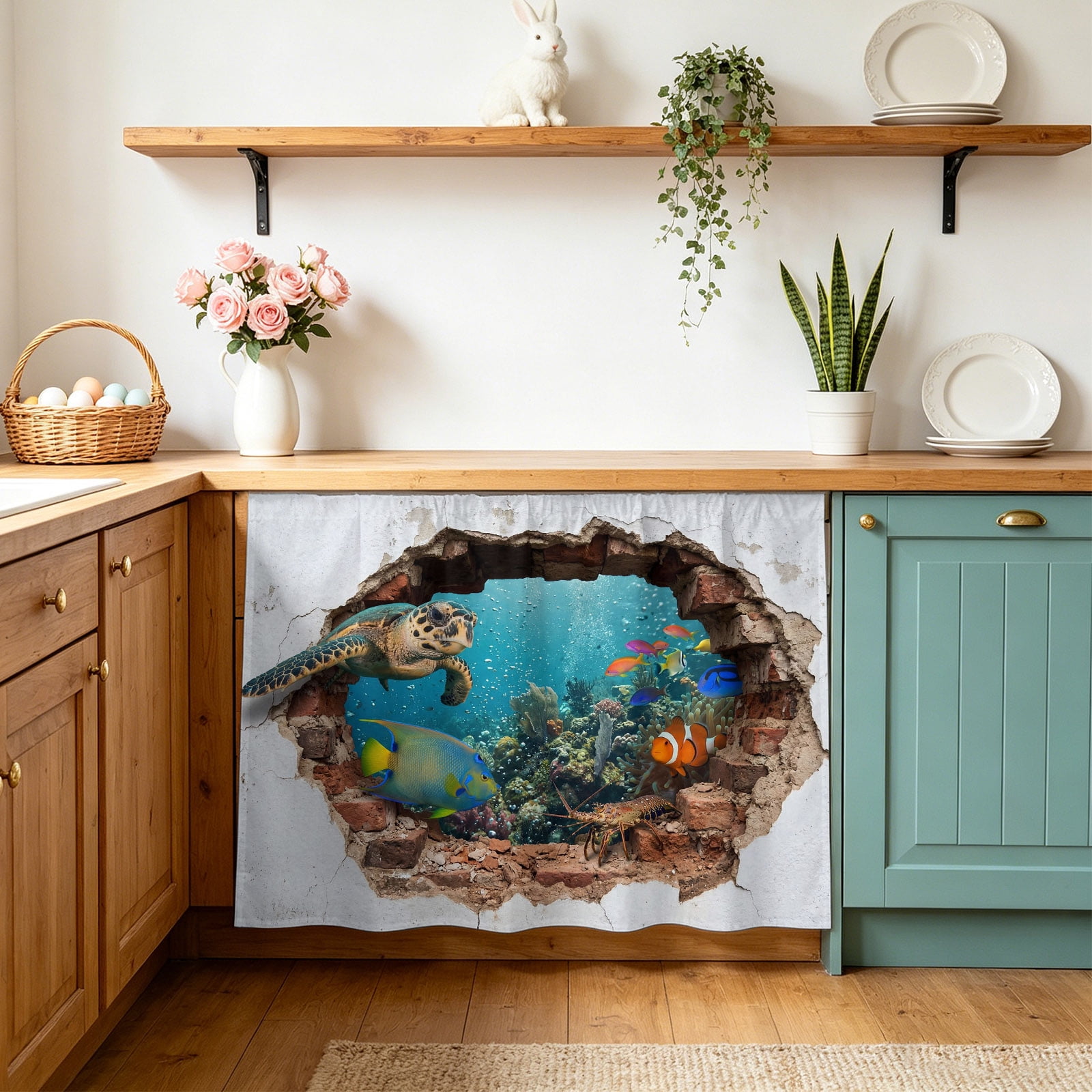 Broken Wall Sea Turtle Cabinet Curtains 10"Wx11"L, Vintage Nautical ...