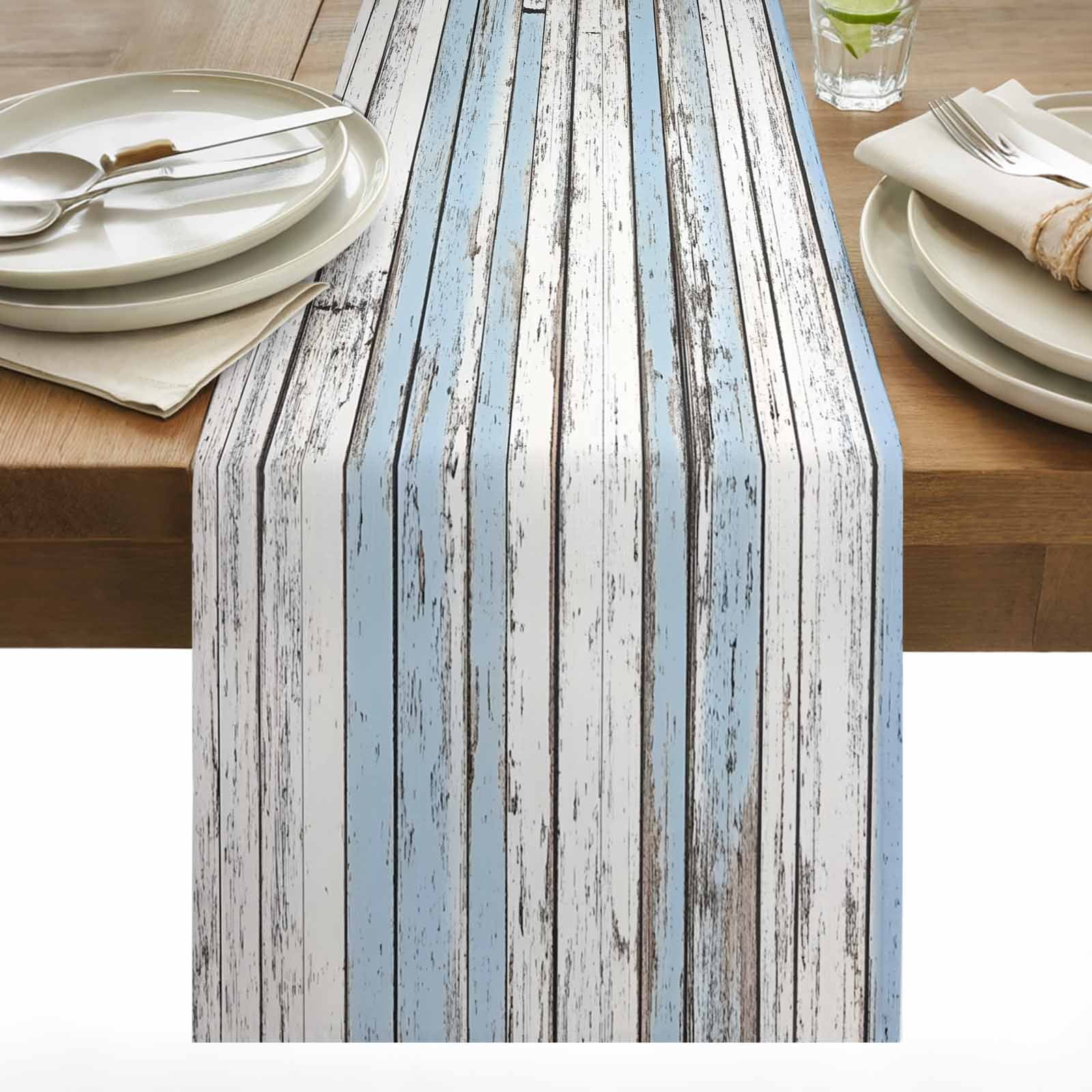 Broken Wood Broad Table Runner 13x90 inch Vintage Blue White Stripe ...