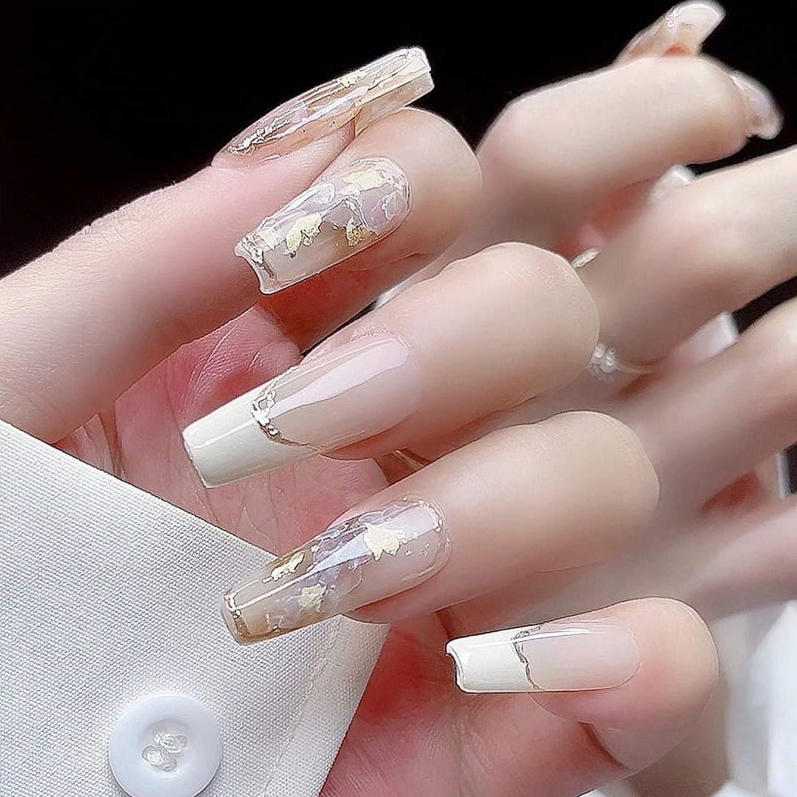 Broken gold foil, high-end and elegant wearable nails, long ballet fake ...