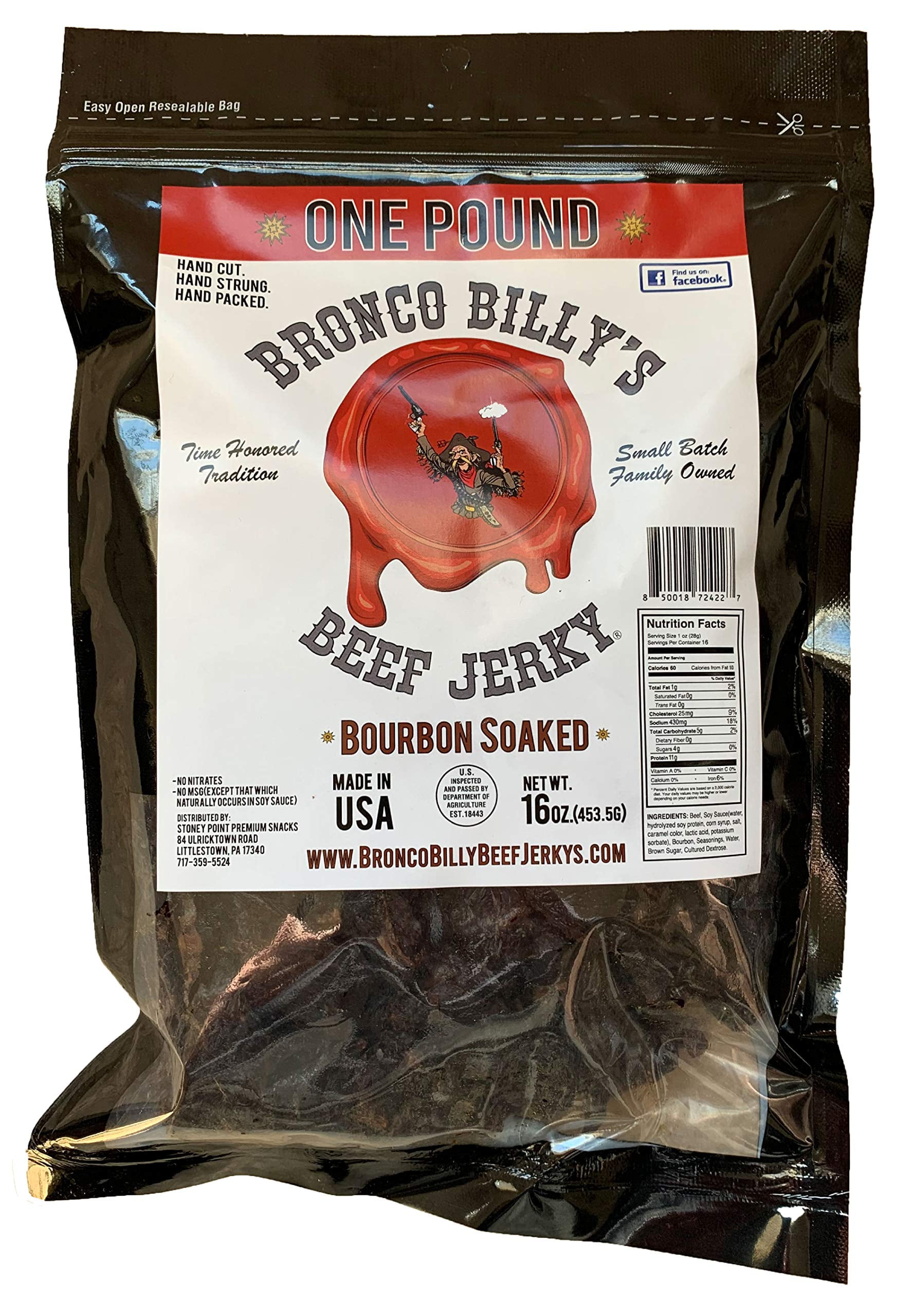 Bronco Billy's Beef Jerky Bourbon MDA05 Soaked One Pound Resealable Bag ...