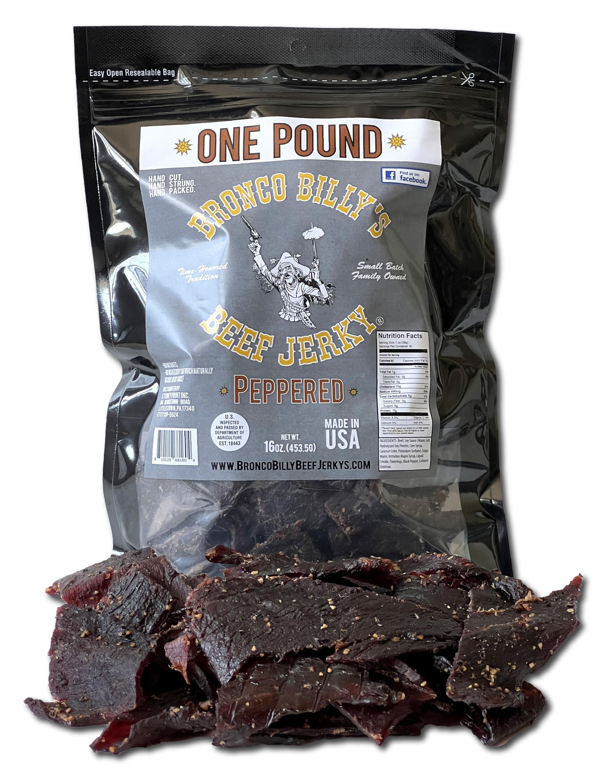 Bronco Billy's Beef Jerky MFF30 Maple Peppered One Pound Resealable Bag, Made in USA with USDA ...