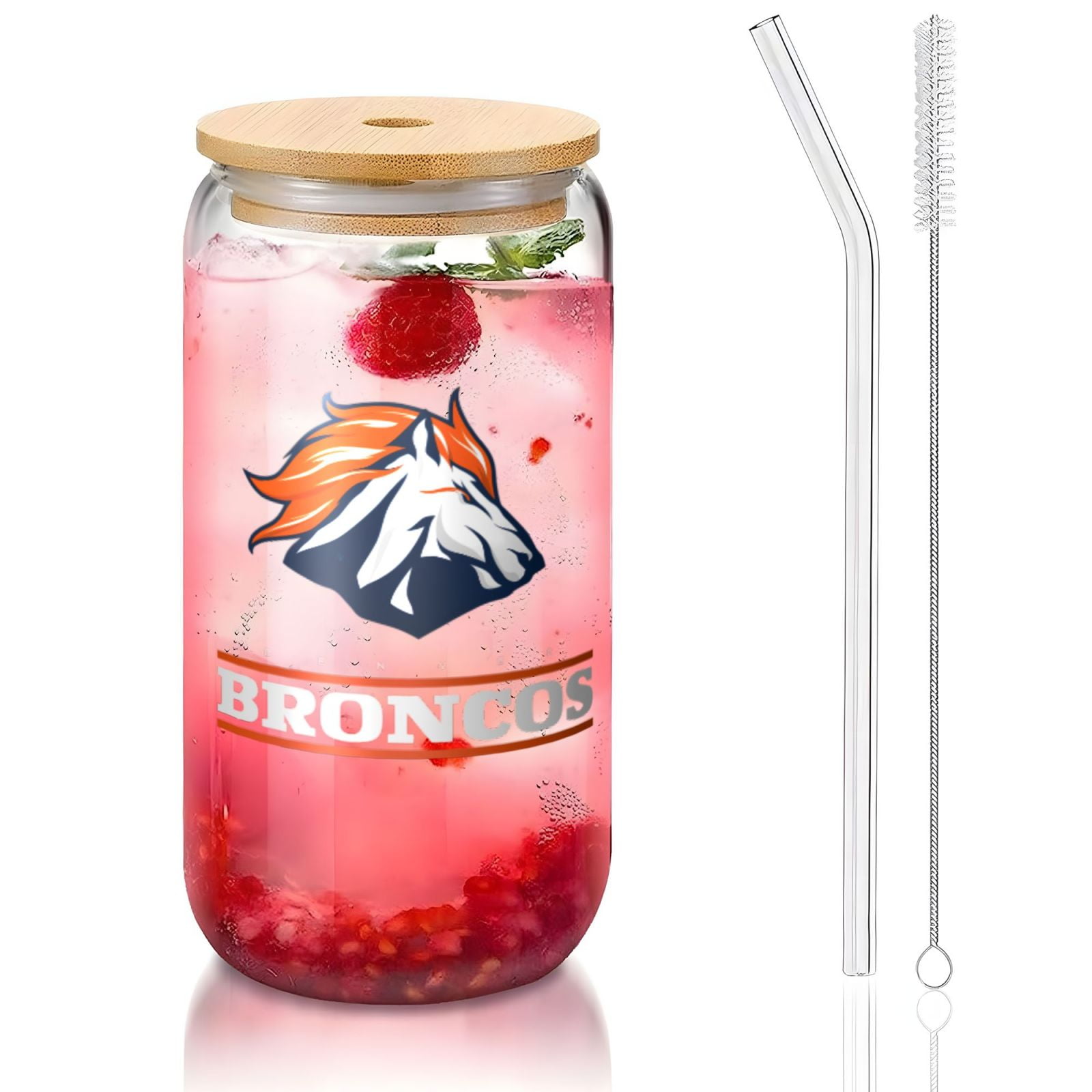Broncos Football Team 16 oz Glass with Bamboo Lid and Straw, Iced ...
