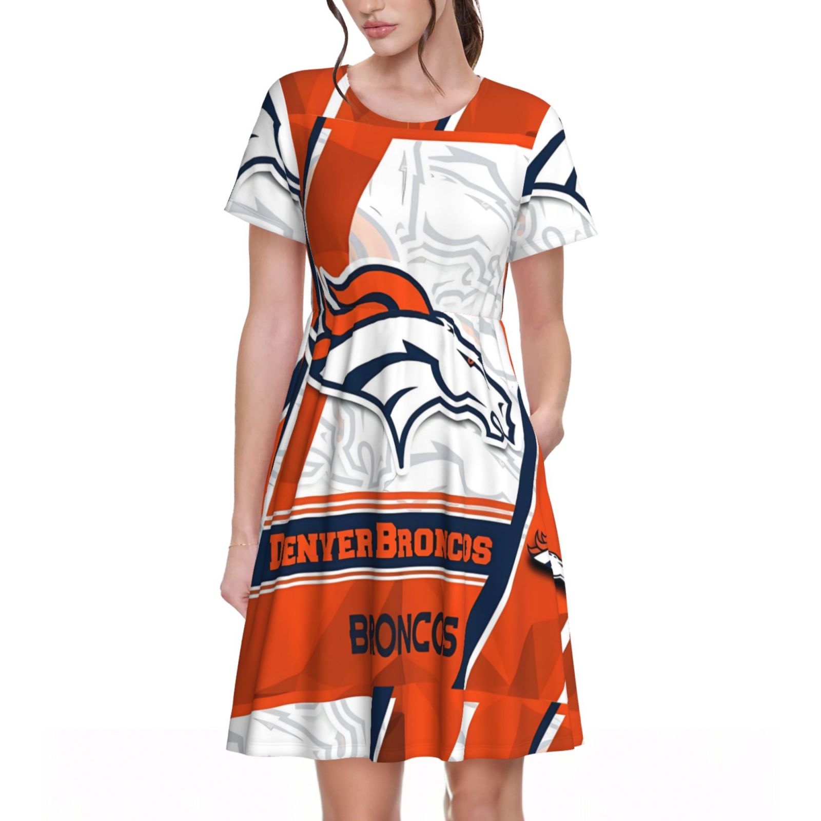 Broncos Women's Short Sleeve Dress Ball Team Print Round Neck Summer ...