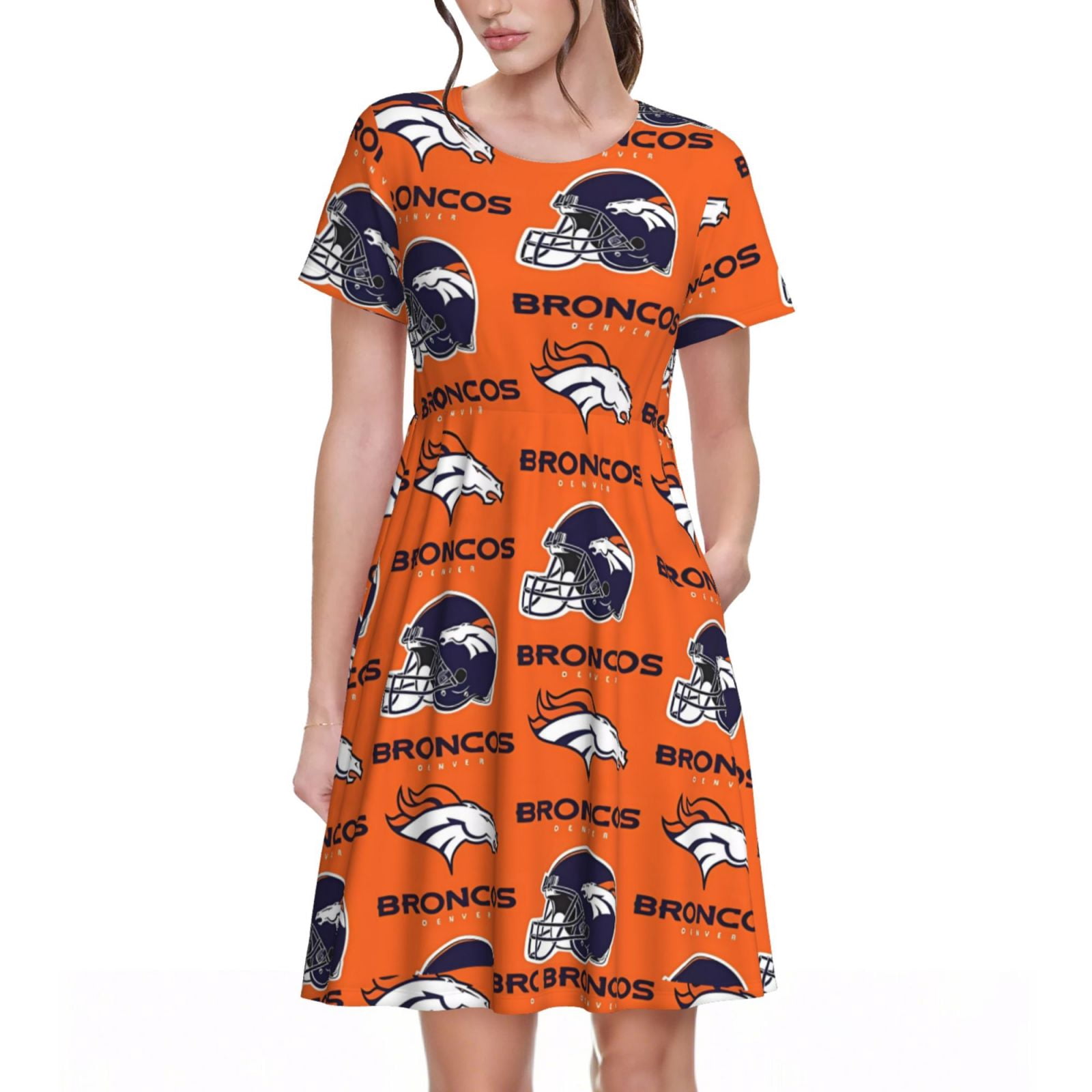 Broncos Women's Short Sleeve Dress Ball Team Print Round Neck Summer ...