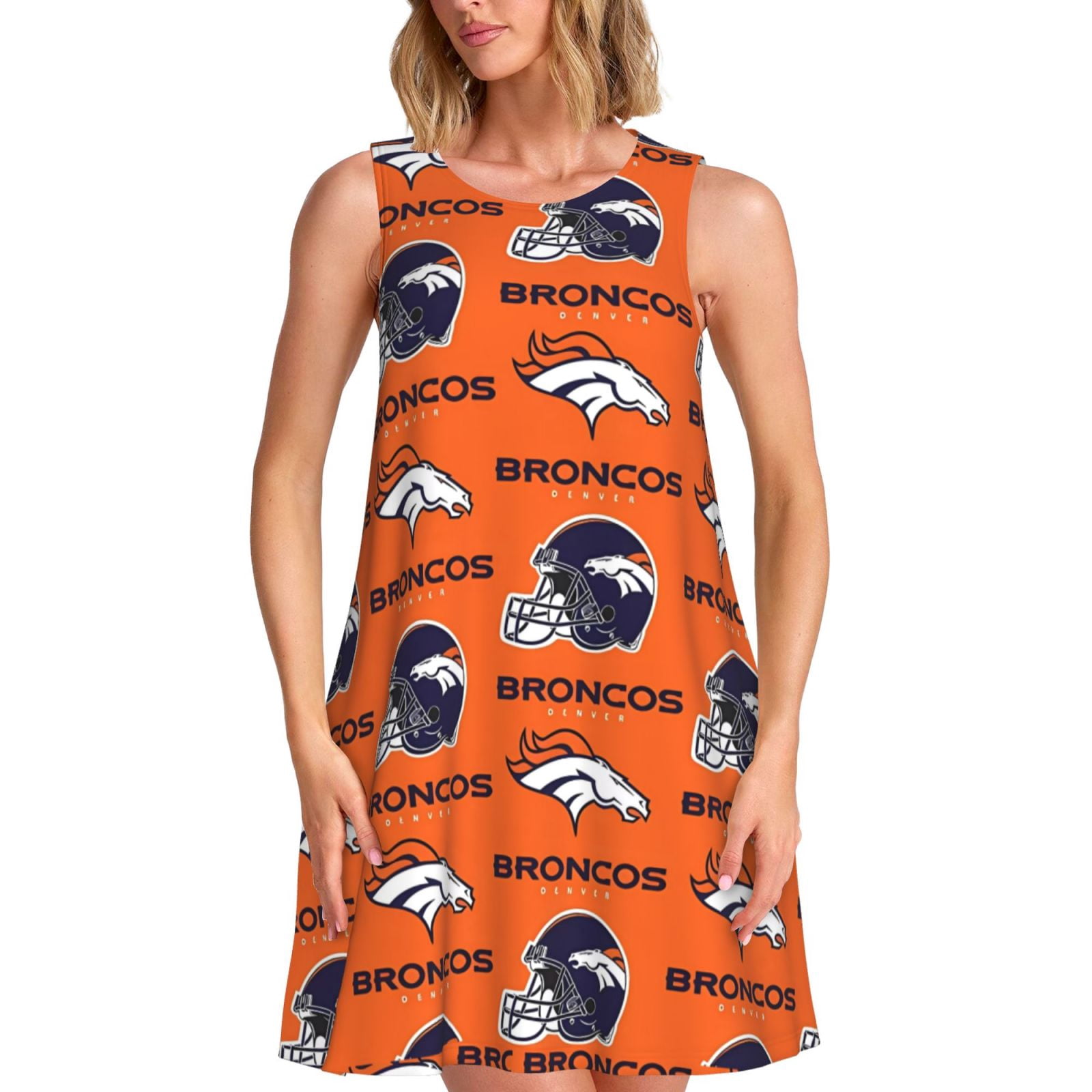 Broncos Women's Sleeveless Dress Ball Team Print Round neck Dress with ...