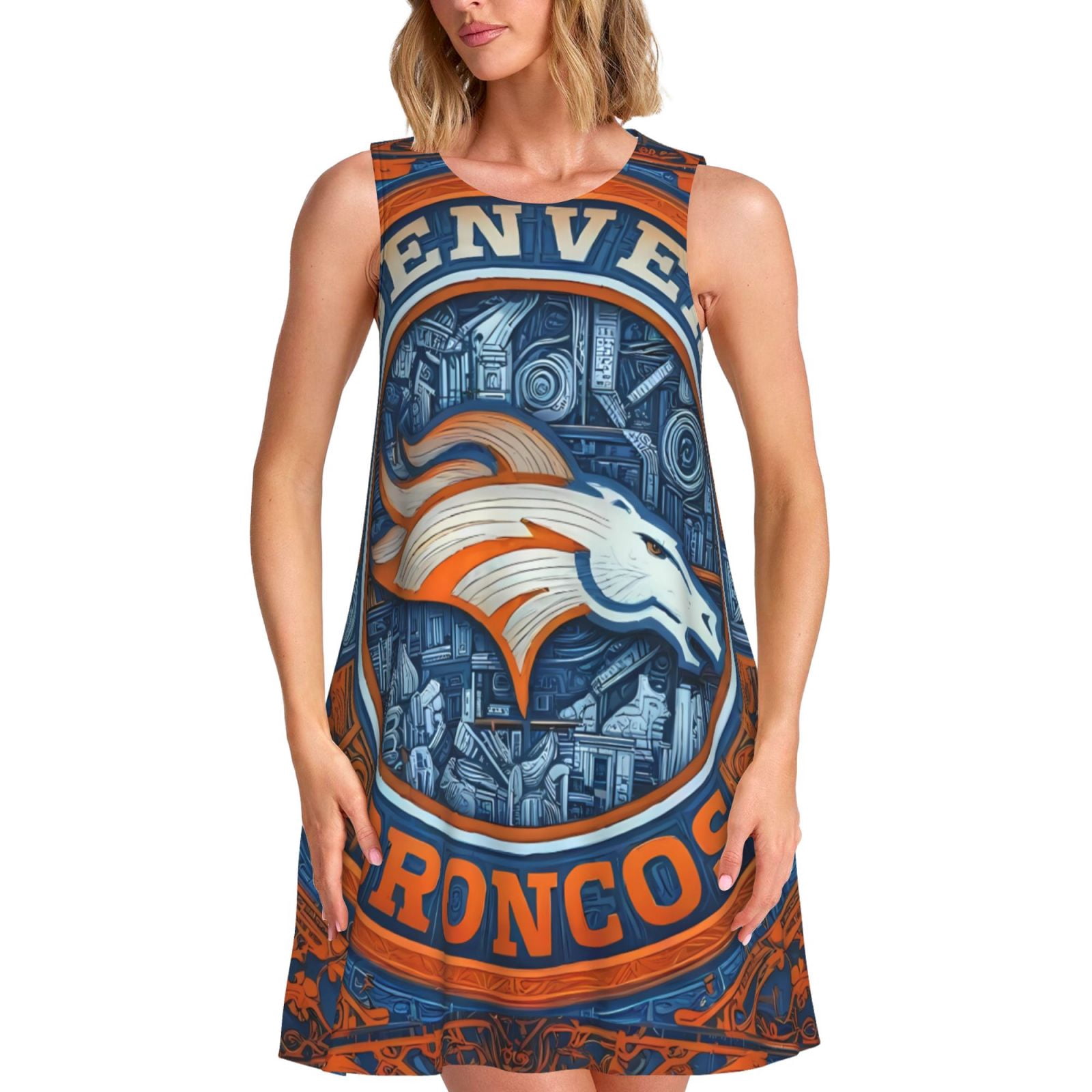 Broncos Women's Sleeveless Dress Ball Team Print Round neck Dress with ...