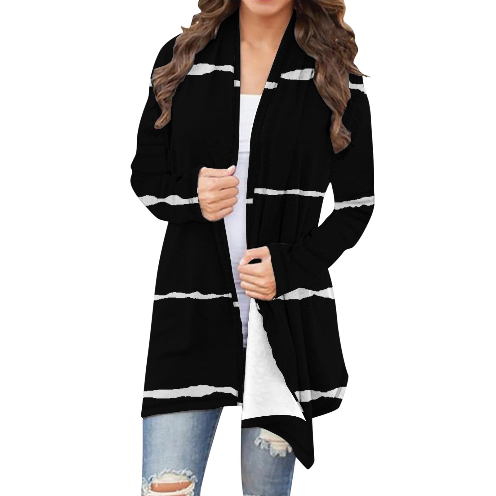 Brondbend Cardigans for Women Trendy Long Sleeved Striped Print Open Front Casual Coat Irregular ...