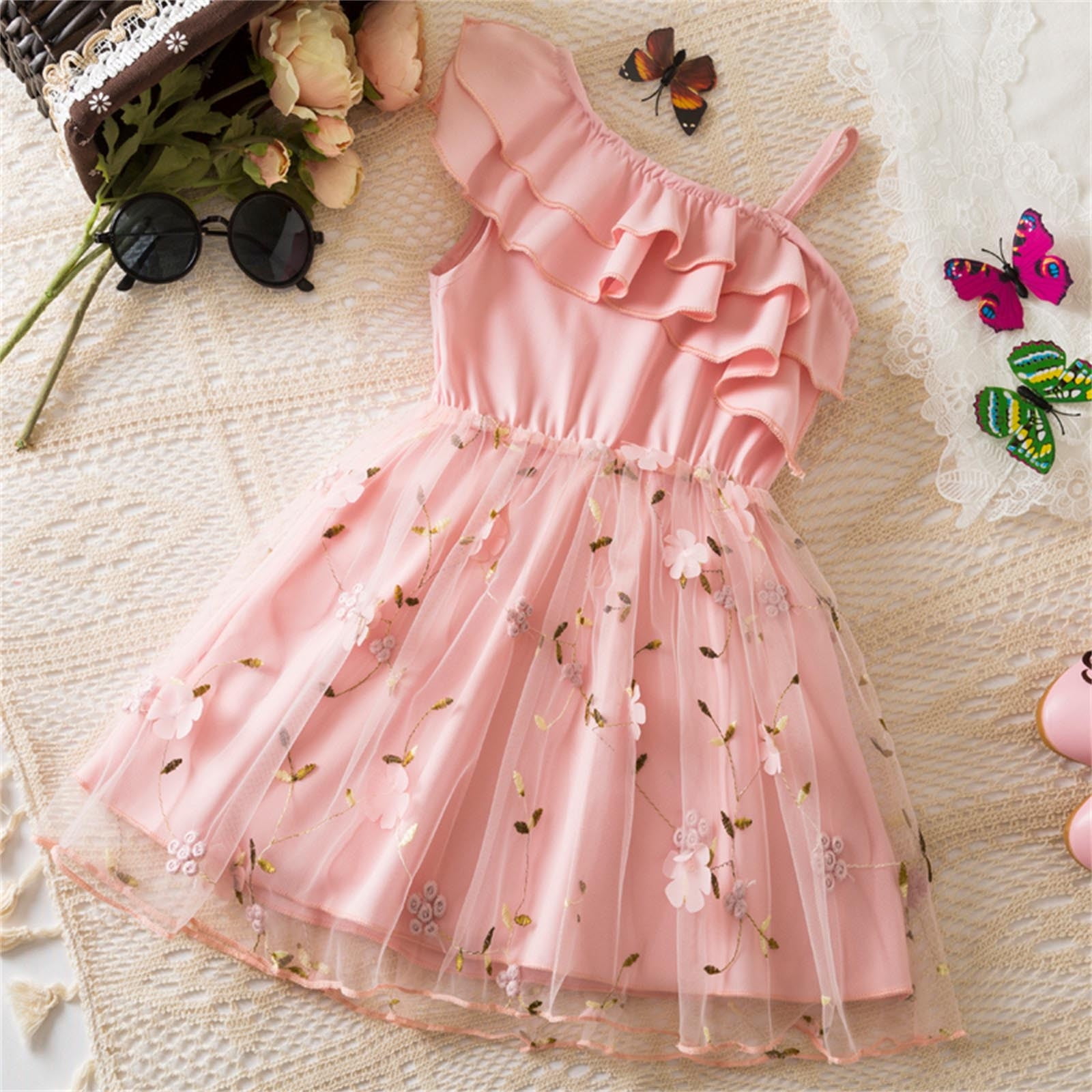 Brondbend Girl's Ruffle One Shoulder Halter Dress Tiered Layer Summer Party Dress Ruffled Round ...