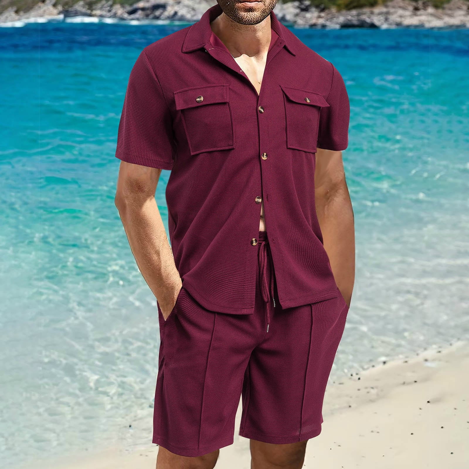 Brondbend Men Short Set Lapel Short Sleeve Pocket Button Shirt Elastic ...