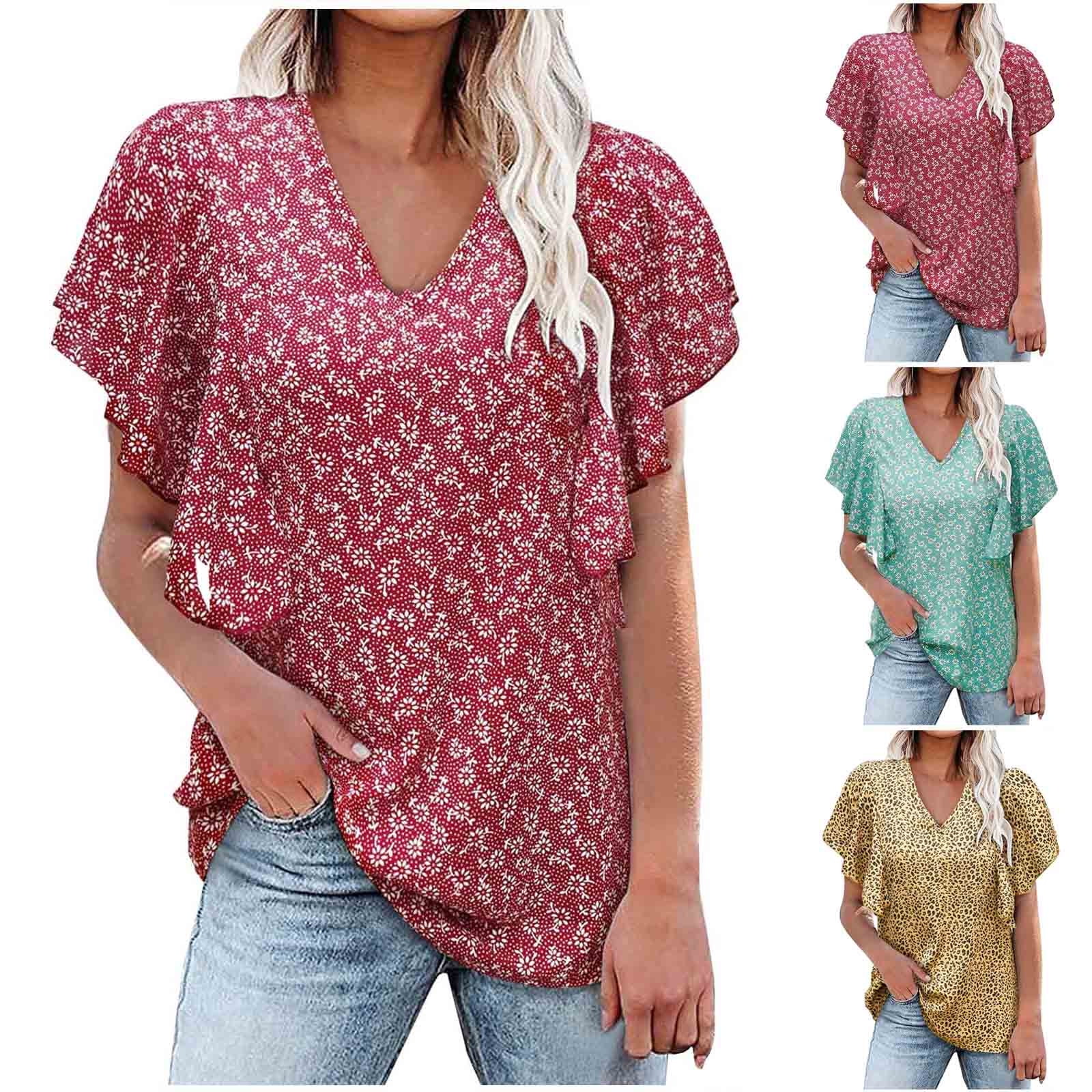 Brondbend Summer Tops for Women 2025 V Neck Short Sleeve Floral Prints Comfy Blouse Ruffle Tunic ...