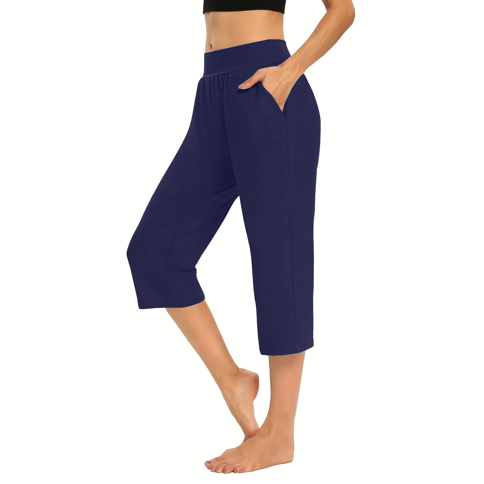 Brondbend Women Cropped Pants Capri Pants for Women Solid Color Elastic ...