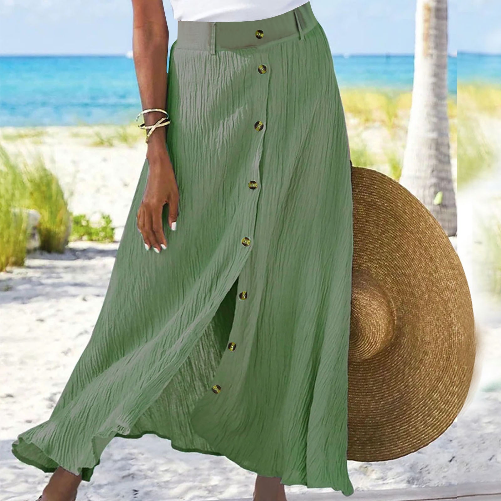Brondbend Women's Skirts Midi Skirt Solid Color Vent Button Mid-Calf ...
