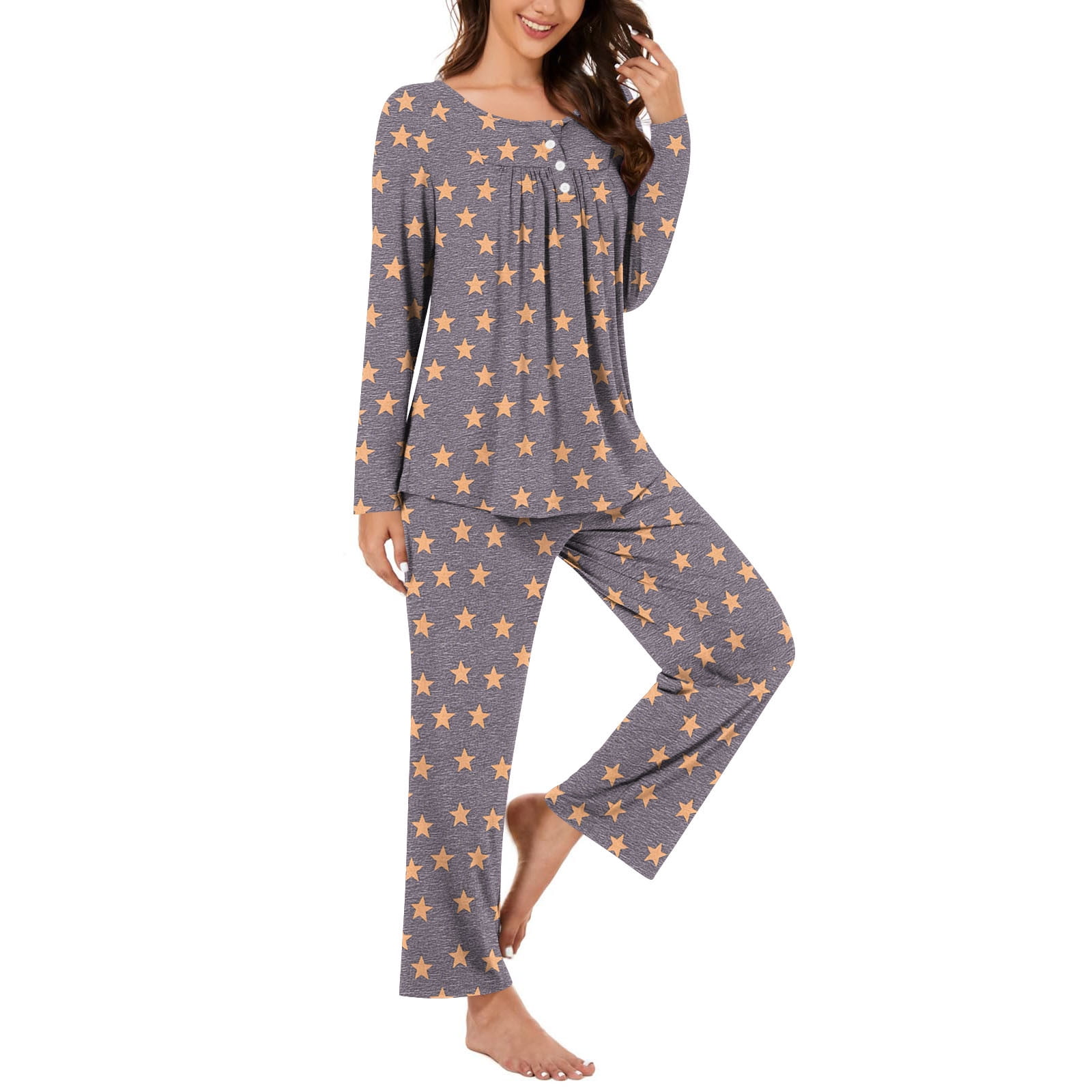 Brondbend Womens Pajama Sets 2 Piece Outfits Sleepwear Henley Neck Long ...