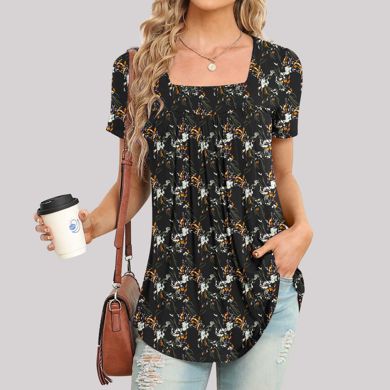 Brondbend Womens Summer Tops Square Neck Short Sleeve Floral Prints ...