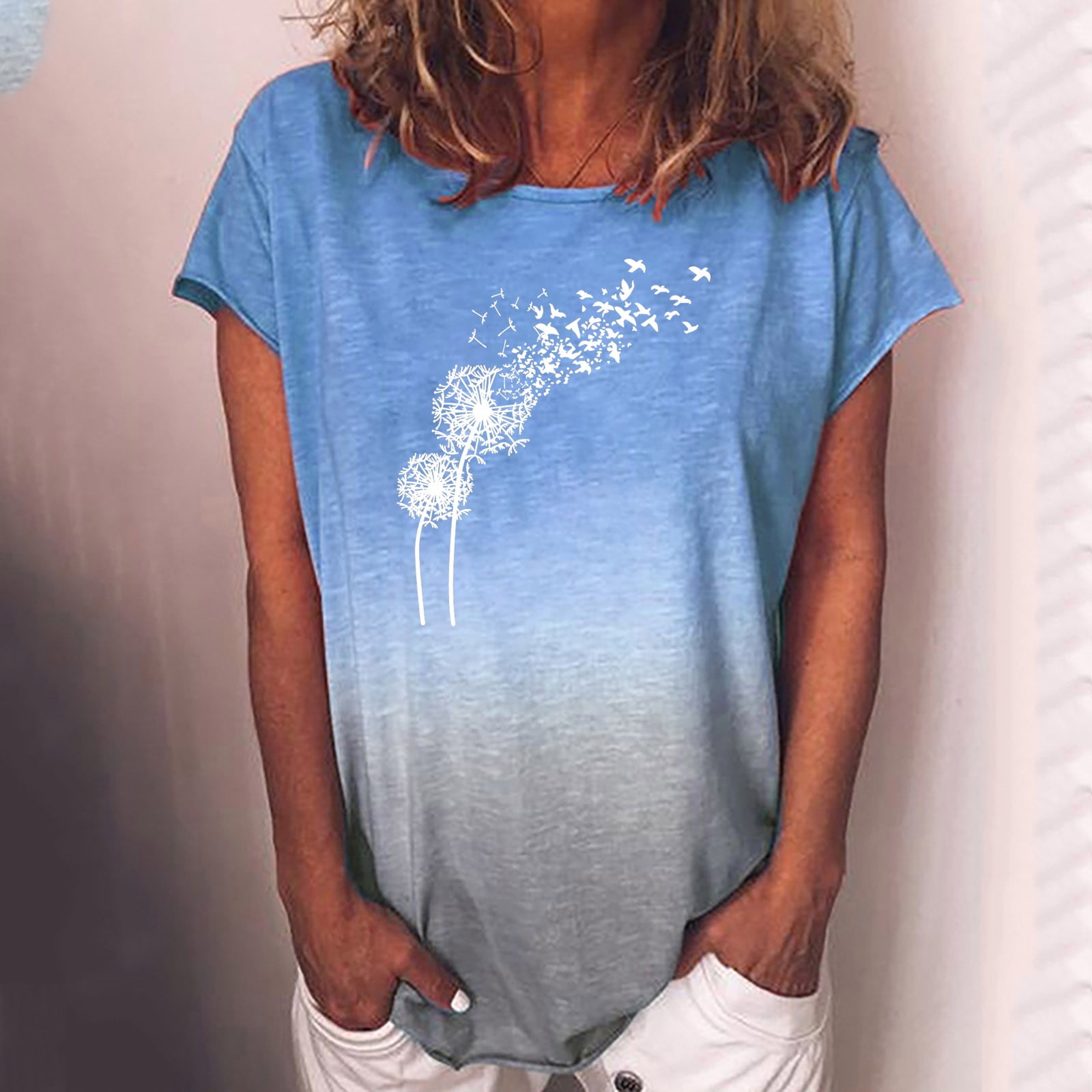 Brondbend Womens Tops Crew Neck Short Sleeve Gradient Prints Simple ...