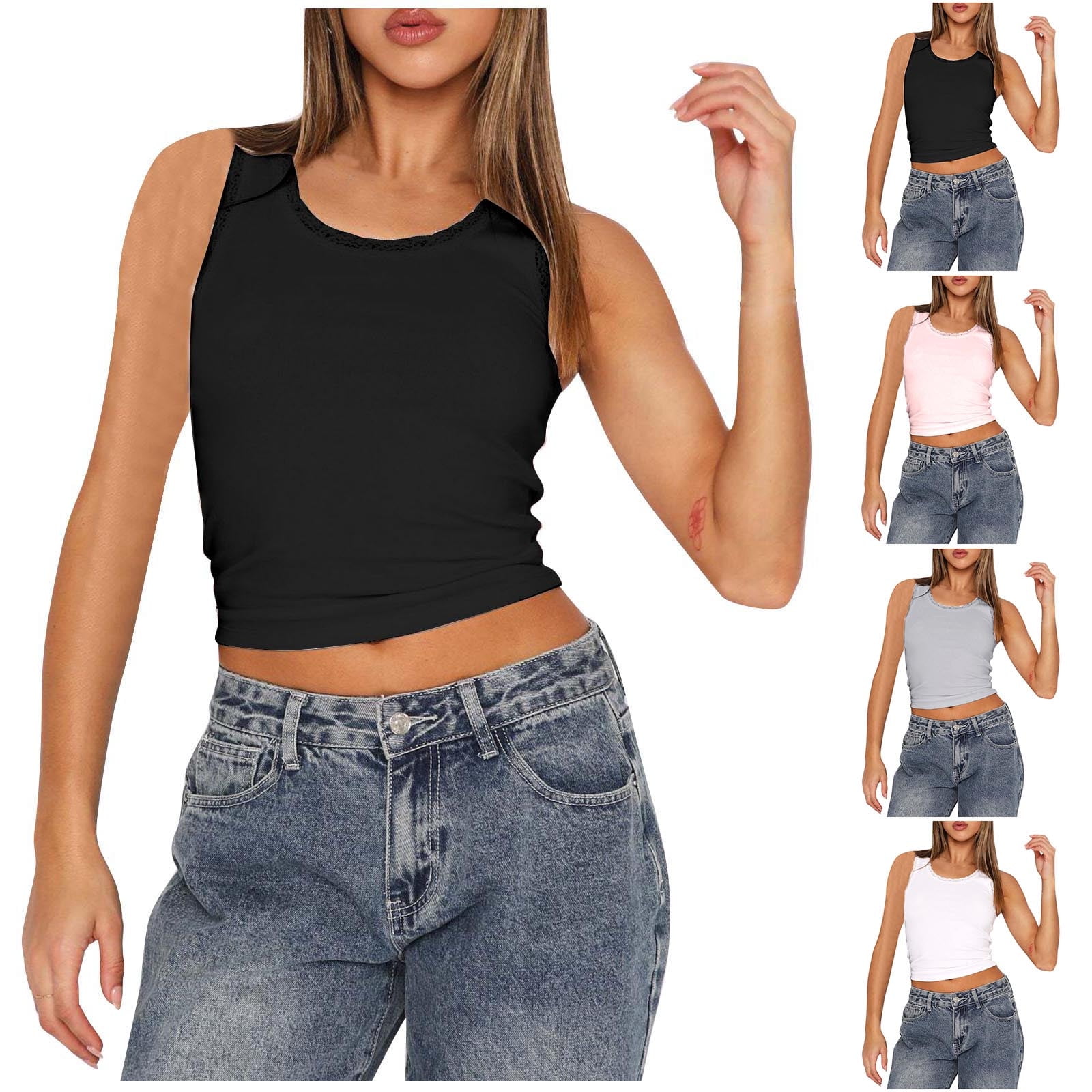 Brondbend Workout Tops for Women Crew Neck Sleeveless Solid Color Lace ...