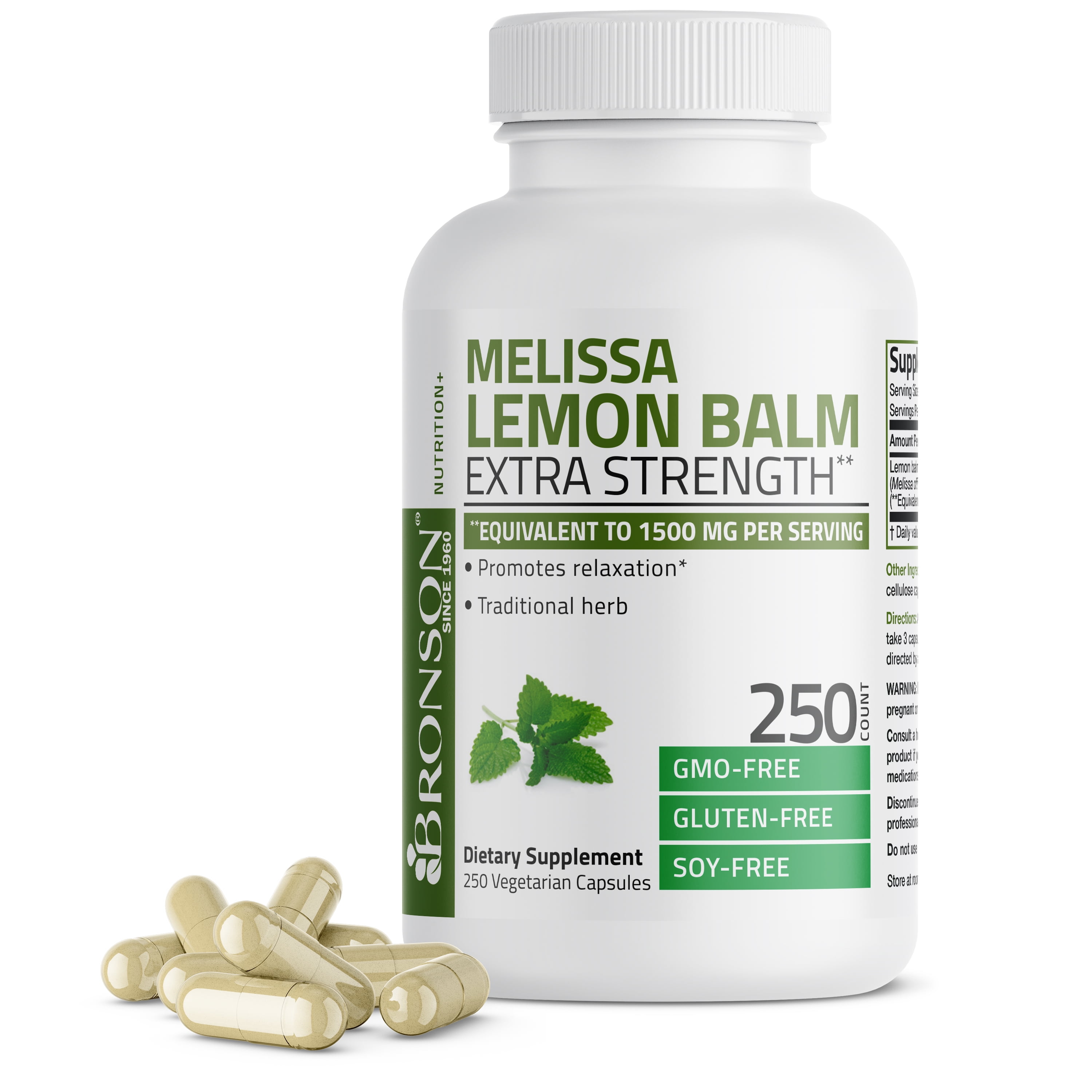 Bronson Melissa Lemon Balm 1500 MG, Promotes Relaxation, 250 Vegetarian ...