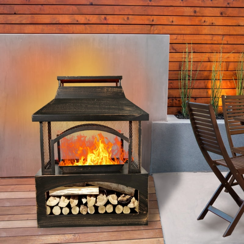 Bronze Finish Steel Chiminea Style Fire Pit Table with Mesh Spark Guard ...