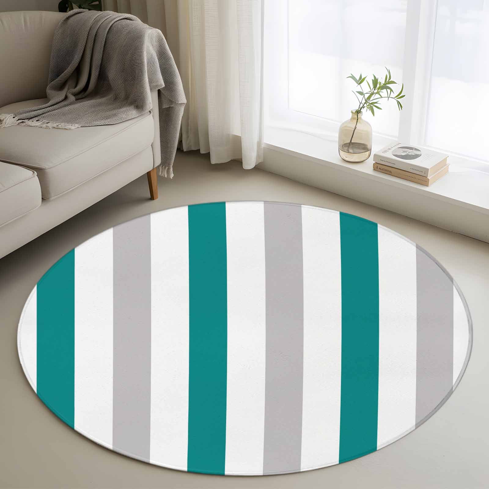 Bronze Grey Stripe 3ft Round Rug, Modern Farmhouse Vertical Striped Non ...