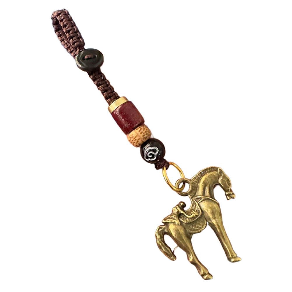 Bronze Horse Statue Keychain With Wooden Beads For Bag Hanging Retro ...